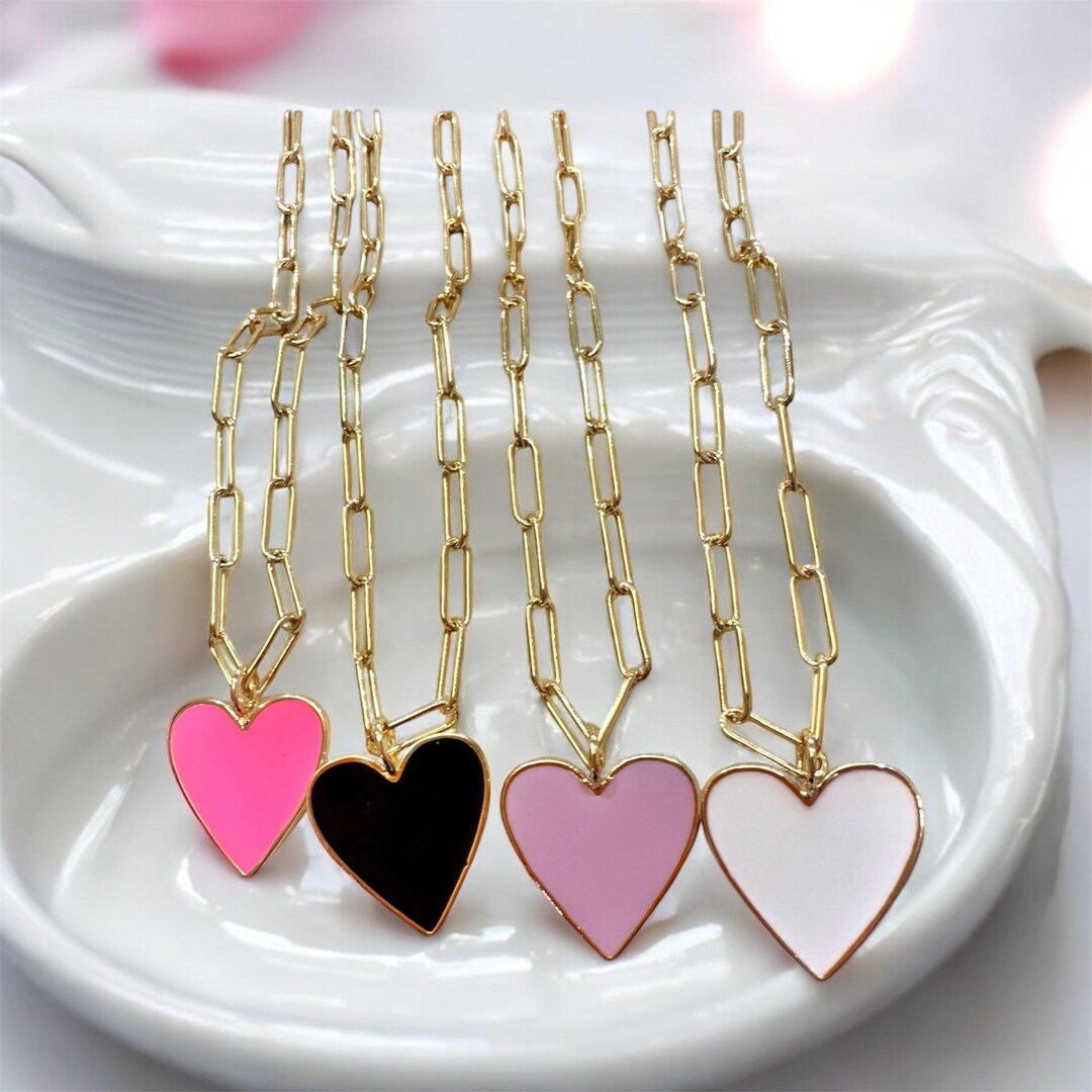 Amore Heart Enamel Paperclip Chain Necklace - Etsy