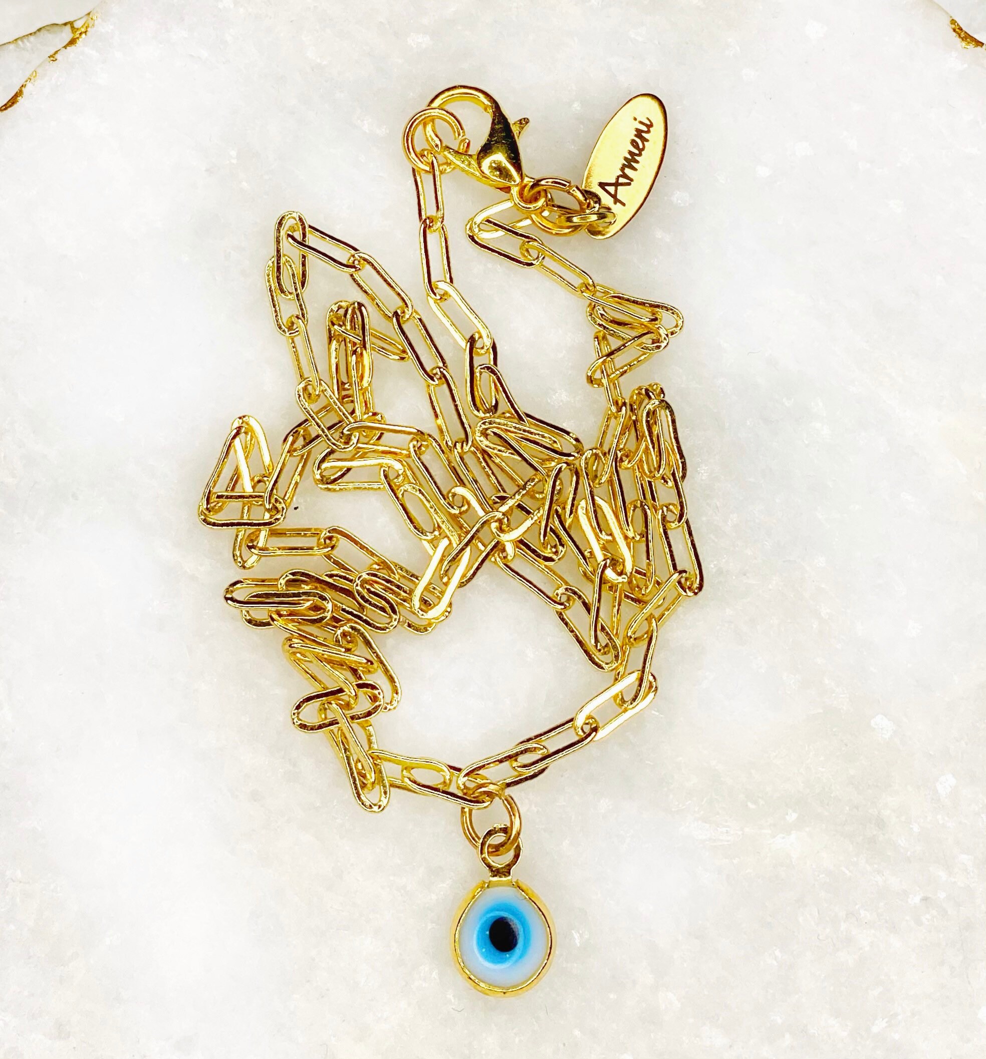 24k Shiny Gold Plated Evil Eye PAPERCLIP chain necklace | Etsy