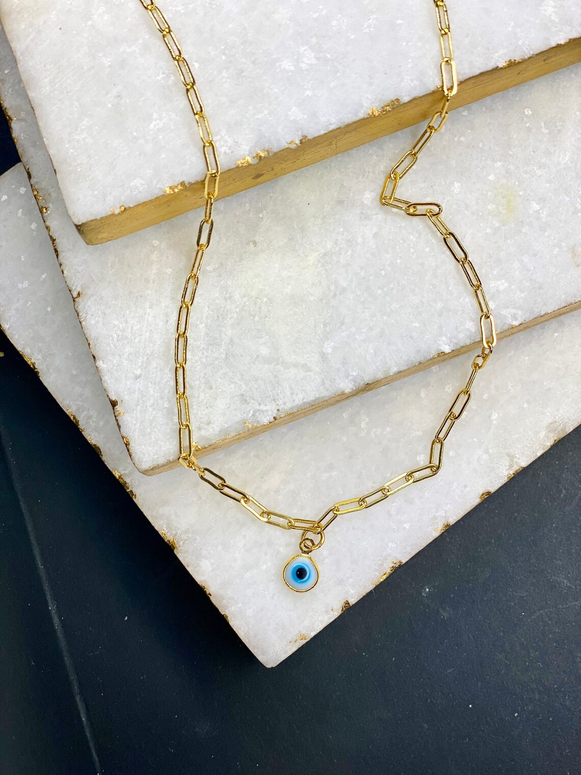 24k Shiny Gold Plated Evil Eye PAPERCLIP Chain Necklace! - Etsy