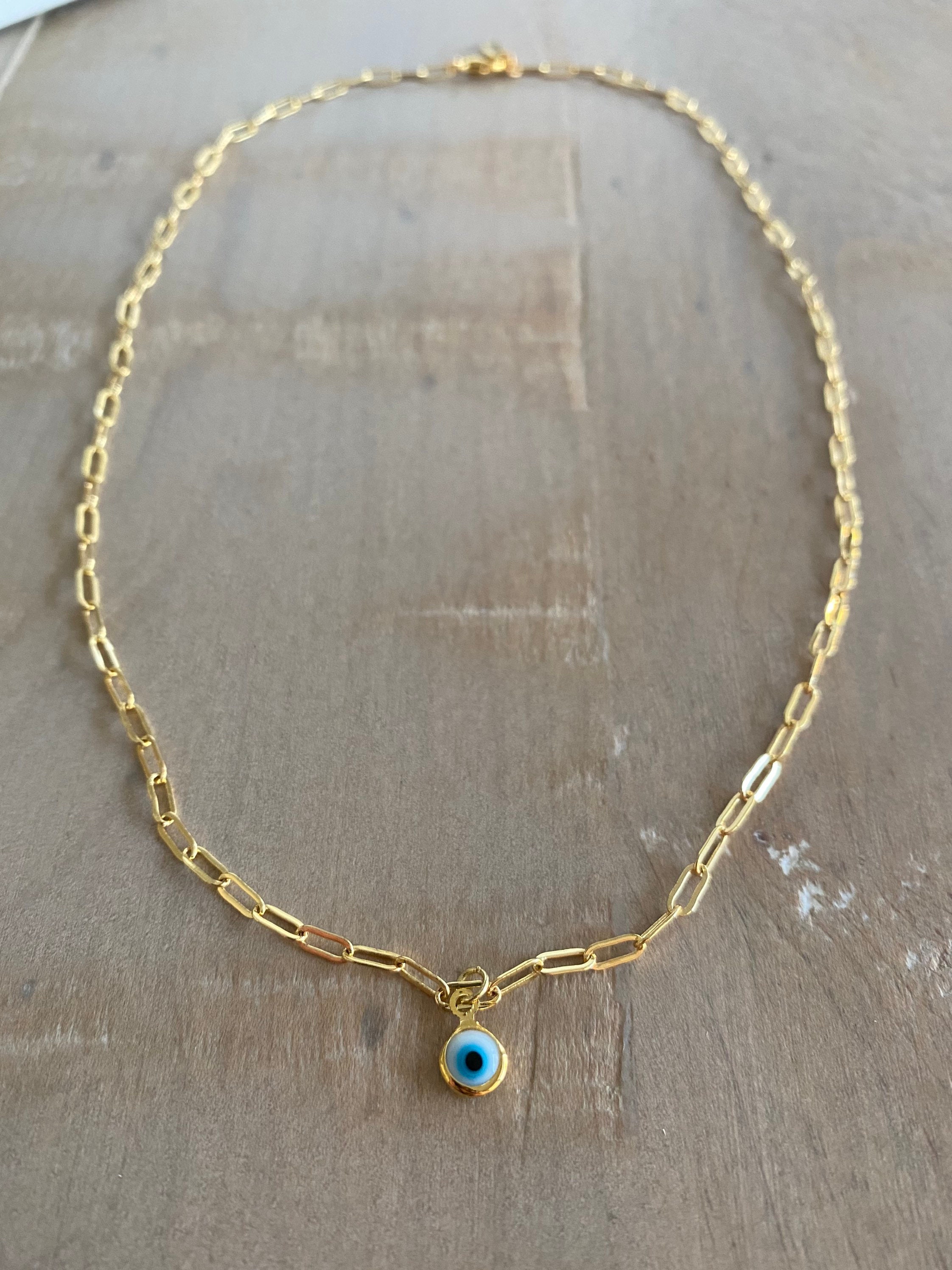 24k Shiny Gold Plated Evil Eye PAPERCLIP Chain Necklace! - Etsy