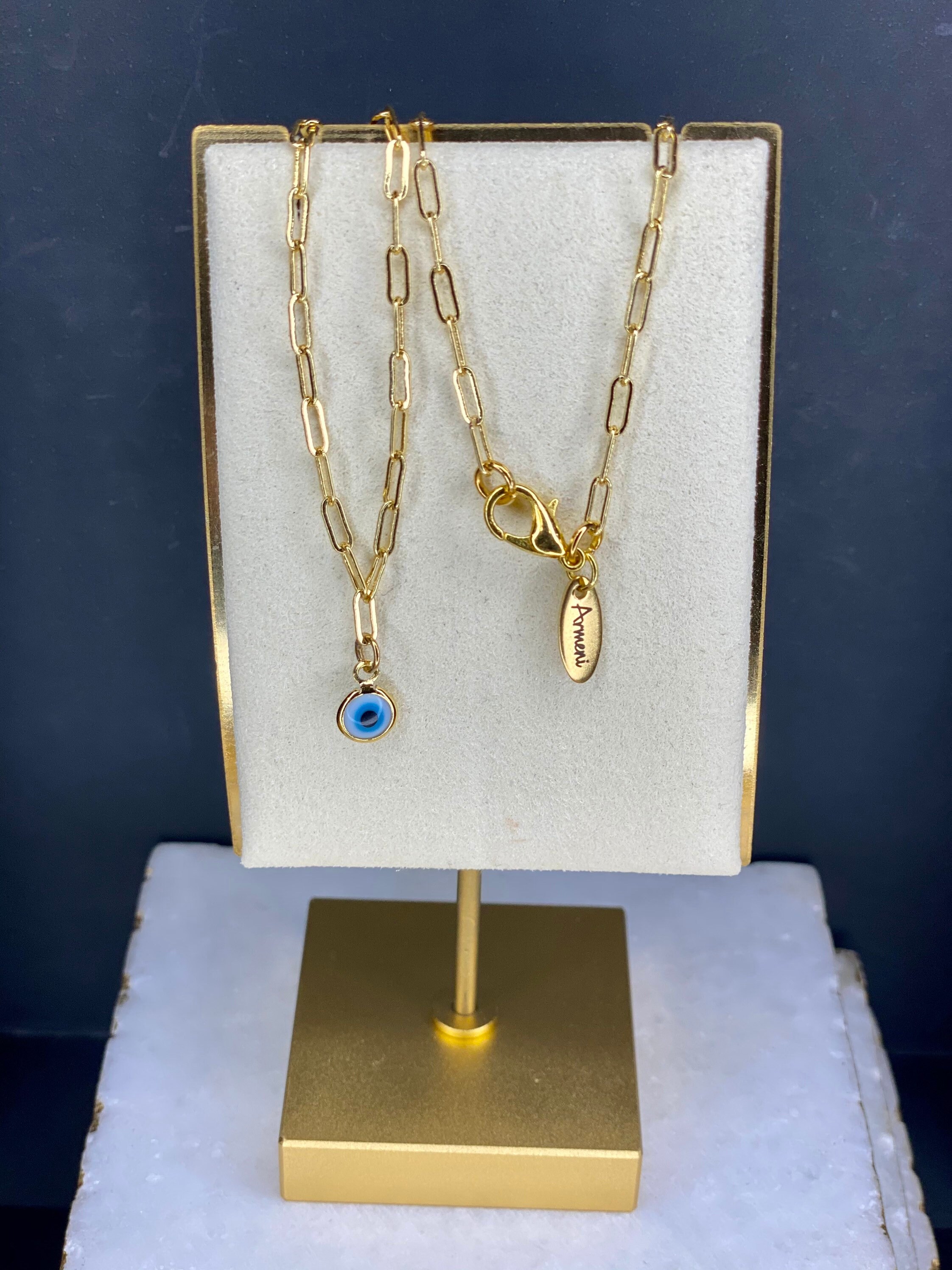 24k Shiny Gold Plated Evil Eye PAPERCLIP Chain Necklace! - Etsy