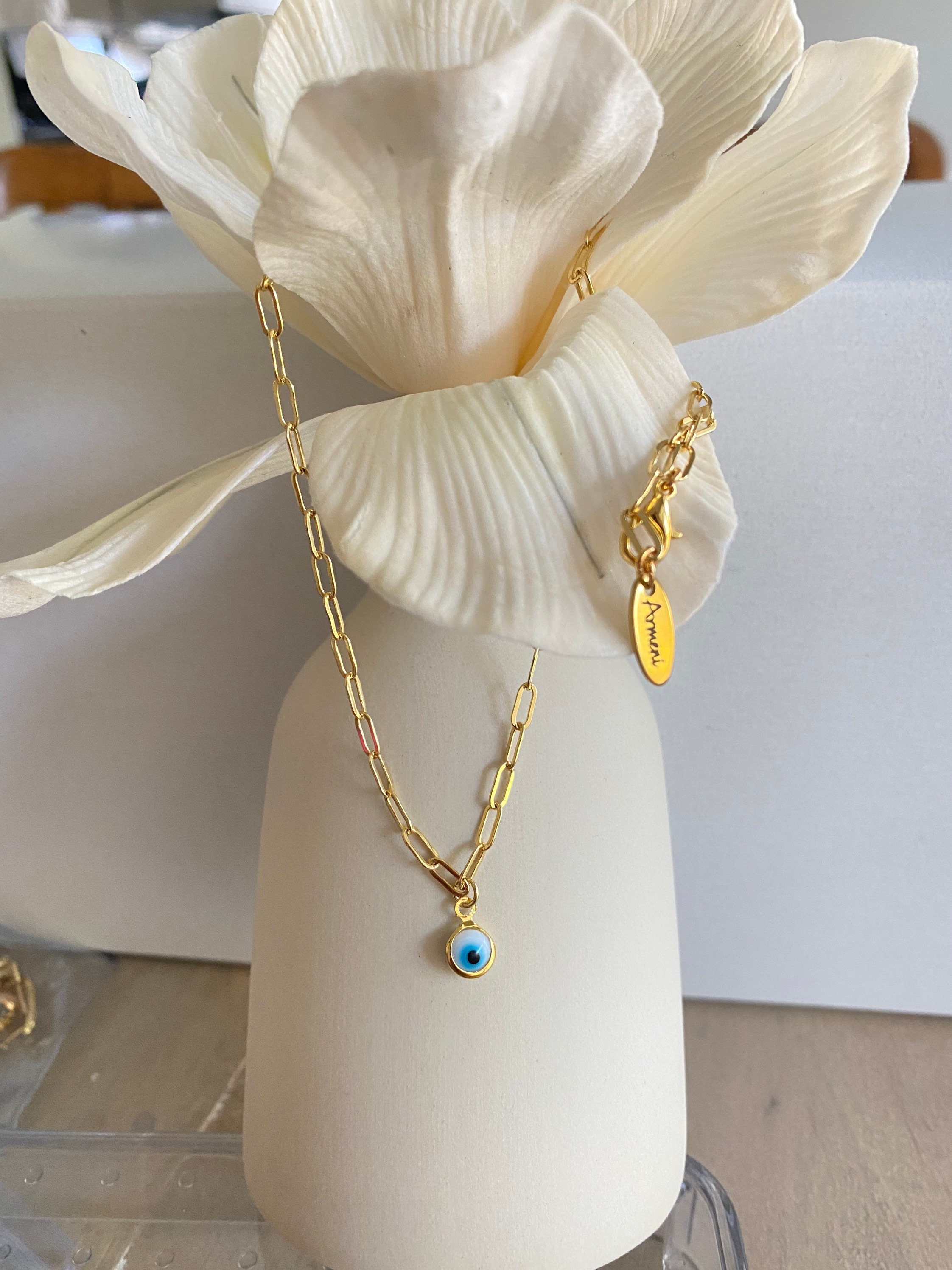 24k Shiny Gold Plated Evil Eye PAPERCLIP Chain Necklace! - Etsy