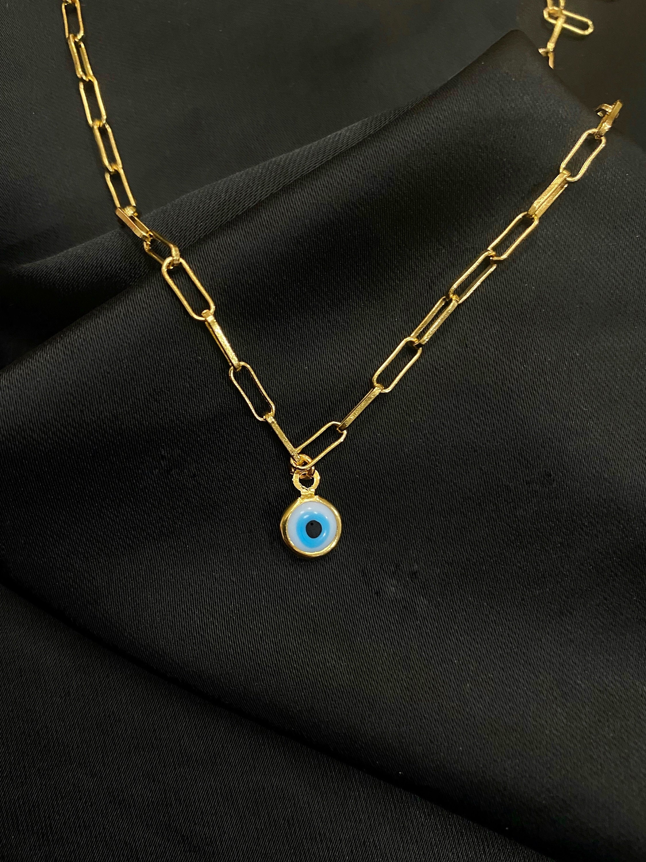 24k Shiny Gold Plated Evil Eye PAPERCLIP Chain Necklace! - Etsy
