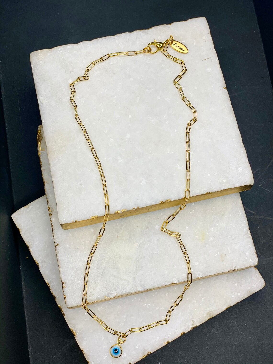 24k Shiny Gold Plated Evil Eye PAPERCLIP Chain Necklace - Etsy