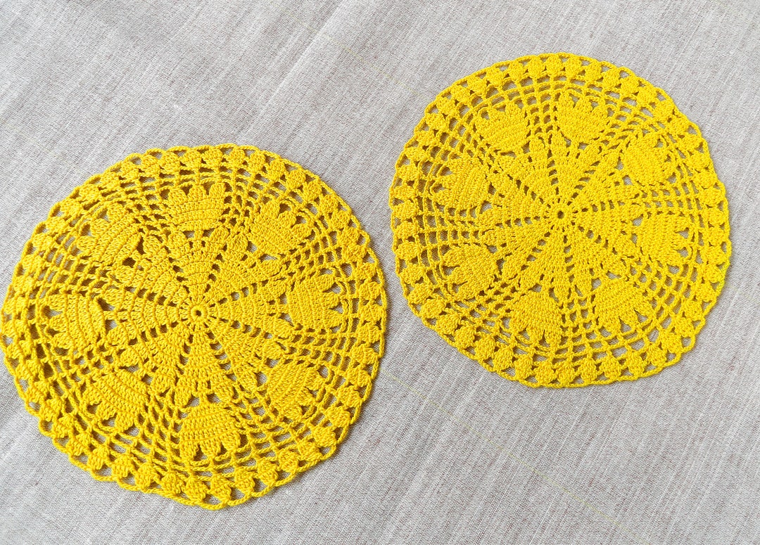 Handmade Crochet Yellow Doily Set of 2, Crochet Napkin, Crochet Coaster ...