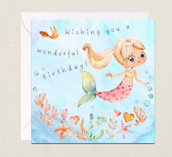 Mermaid Themed Birthday Greetings Card With Envelope Happy | Etsy