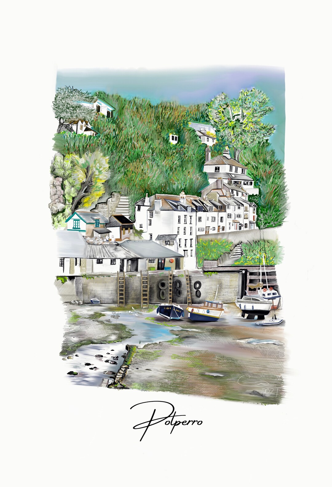 Polperro Art Print Gallery Wall Art Illustrated Travel Poster Cornwall ...