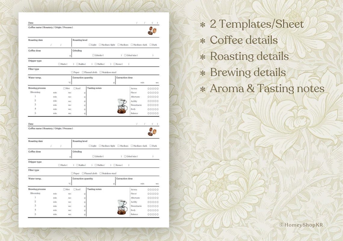 Coffee Tasting Journal POUR OVER Ver. Brewing Note, Printable, Instant ...
