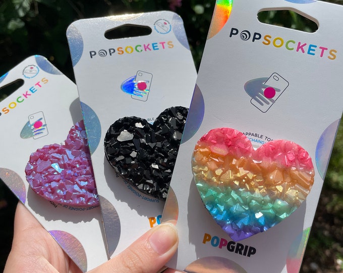 Heart Druzy Popsocket™, Heart Popgrip™, Rainbow Heart Popsocket, Black ...