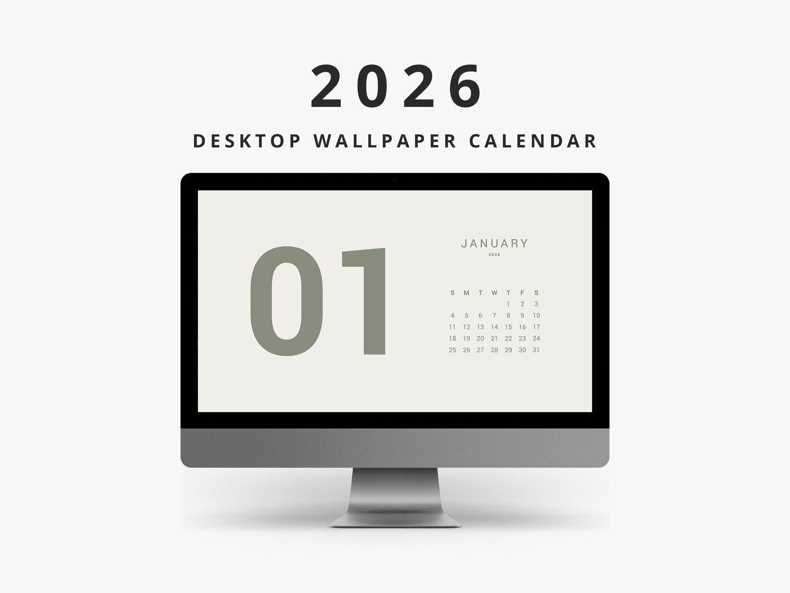Clean Monthly Computer Wallpaper Calendar 2026, Sage White Aesthetic ...