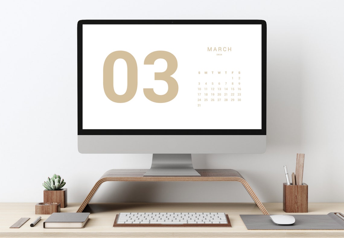 Monthly Desktop Wallpaper 2024 Beige White, Modern Simple Calendar ...