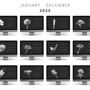 2025 Floral Computer Background Calendar, Dark Black and White Flower ...