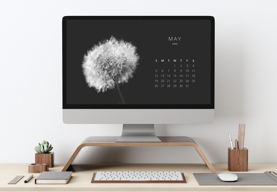 2024 Floral Computer Background Calendar, Dark Black and White Flower ...