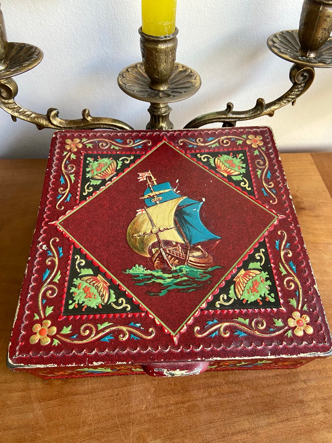 Antique Dutch Tin Chest With Lid. Red Blue Golden Embossed Ship and ...