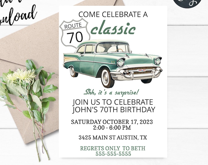 Come Celebrate a Classic 5x7 Birthday Invitation, Classic Car, Surprise ...