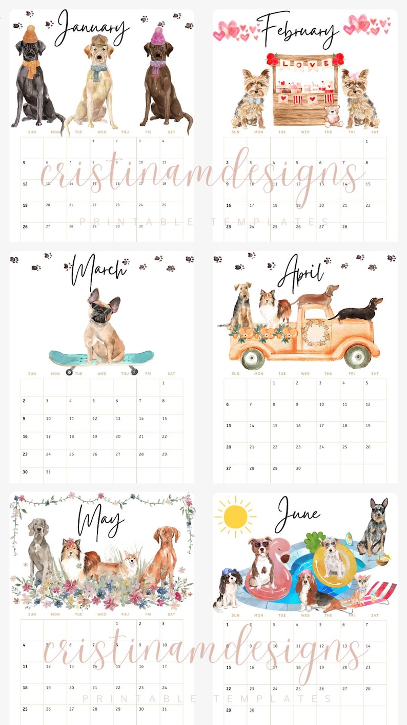 2025 Printable Dog Calendar,dog Calendar,watercolor Dog Calendar,wall ...