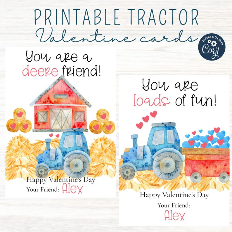 Editable Valentine Cards,blue Tractor Valentines,kids Valentine Cards ...