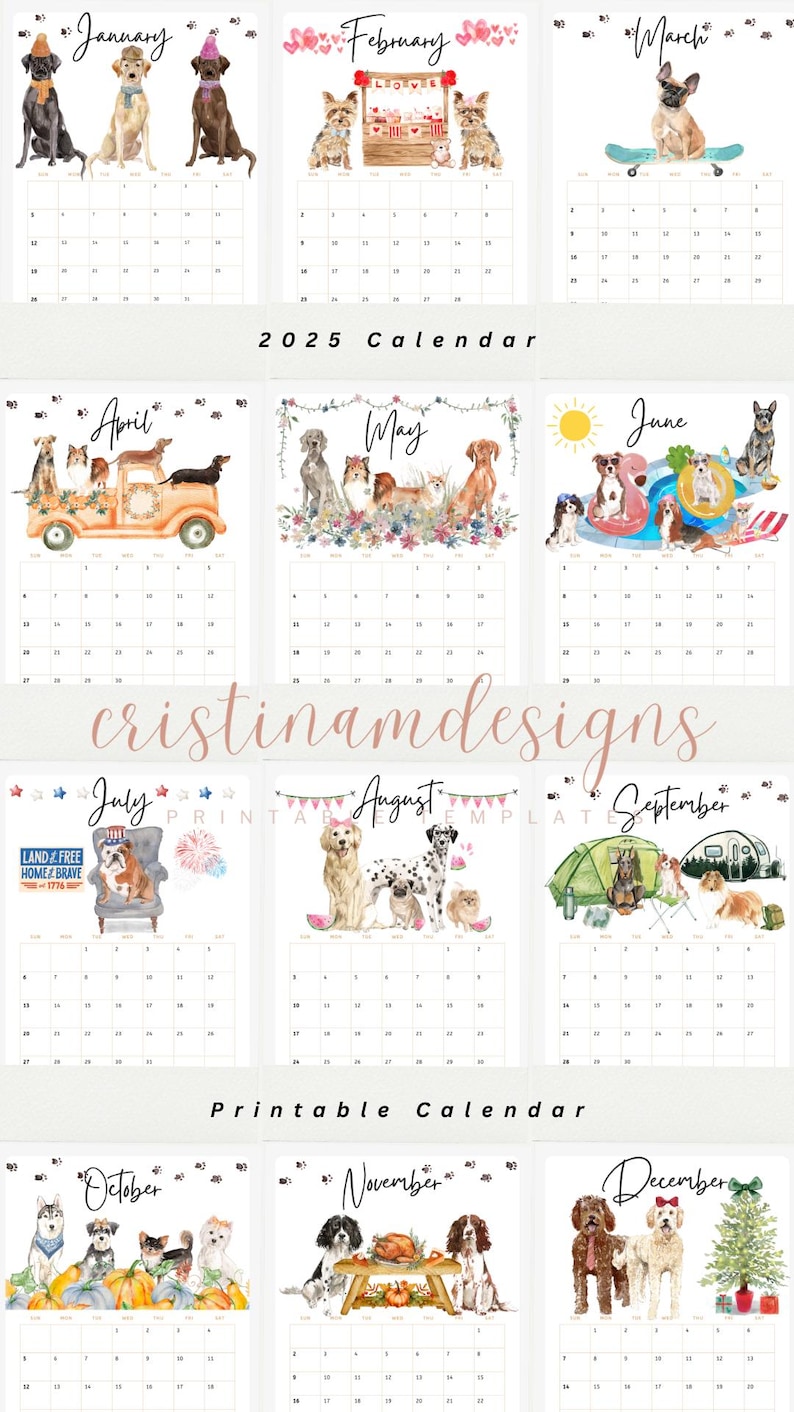 2025 Printable Dog Calendar,dog Calendar,watercolor Dog Calendar,wall ...