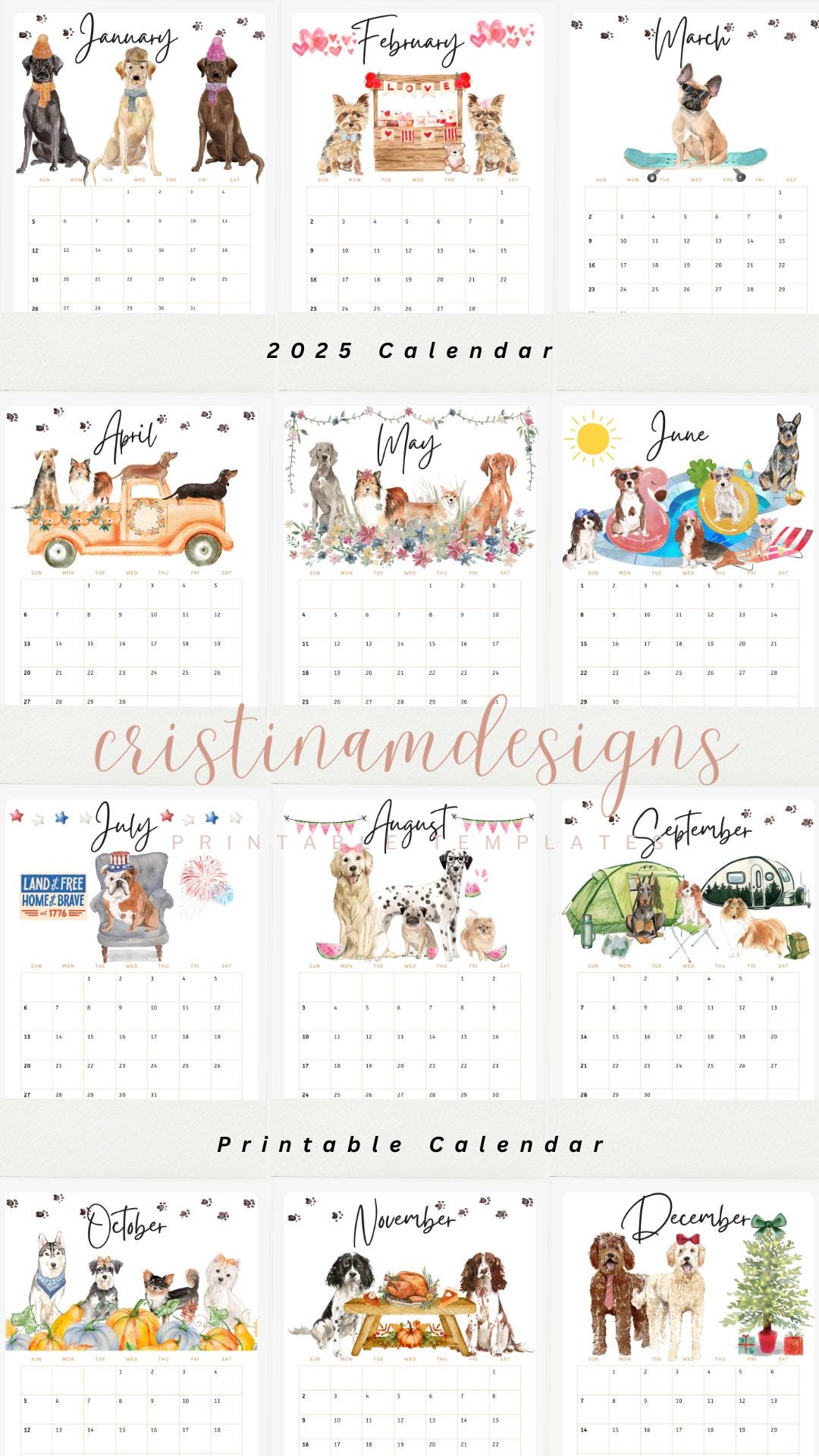 2025 Printable Dog Calendar,dog Calendar,watercolor Dog Calendar,wall ...