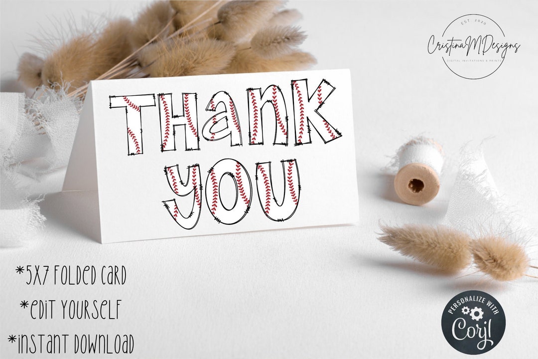 Editable Folded Baseball Thank You Card,boy Thank You Card,editable ...