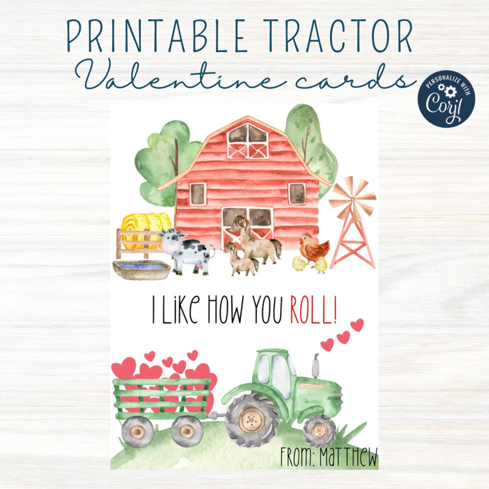 Editable Farm Valentine Cards,tractor Valentines,kids Valentine Cards ...