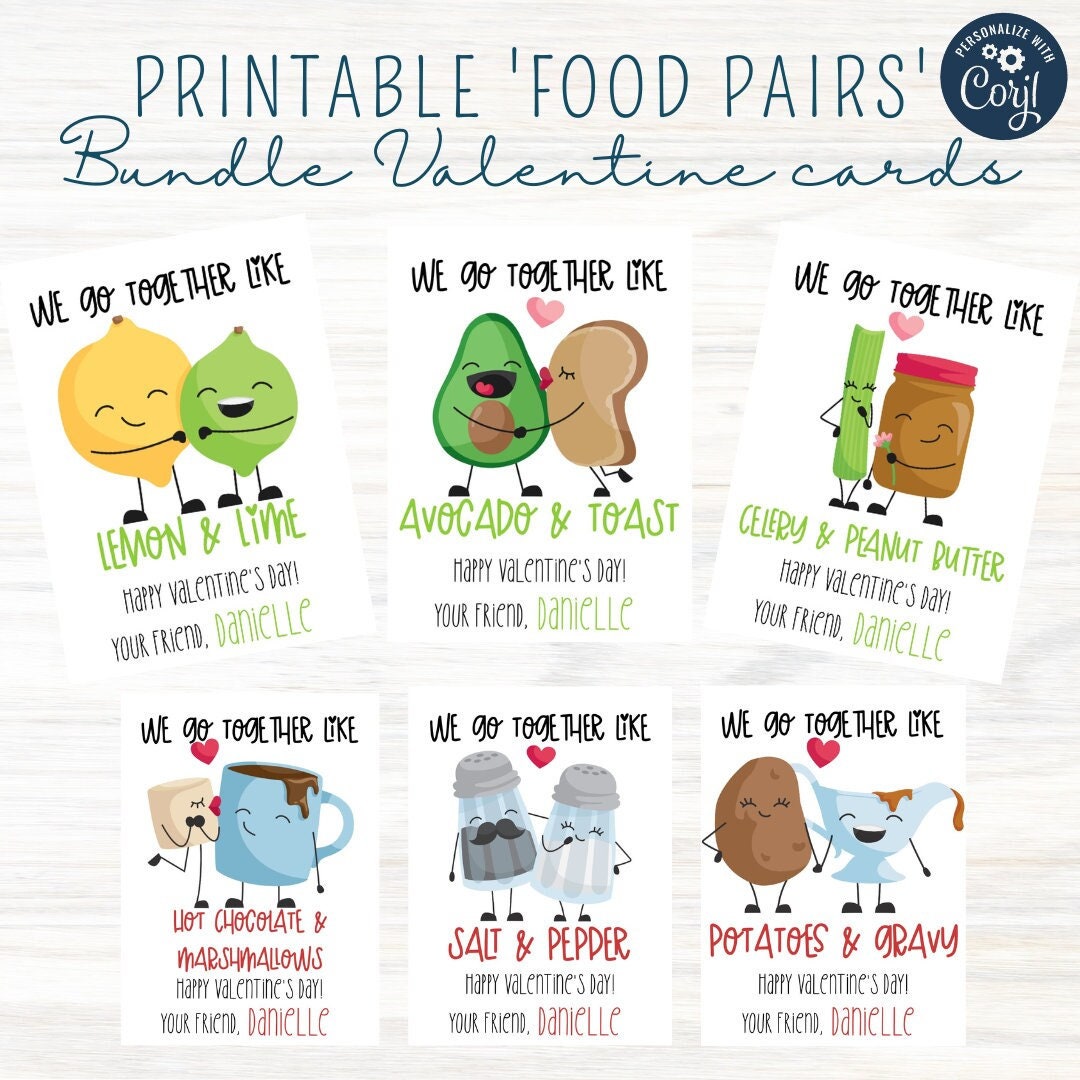 Bundle Food Pairs Valentines,editable Kids Valentine Cards,classroom ...