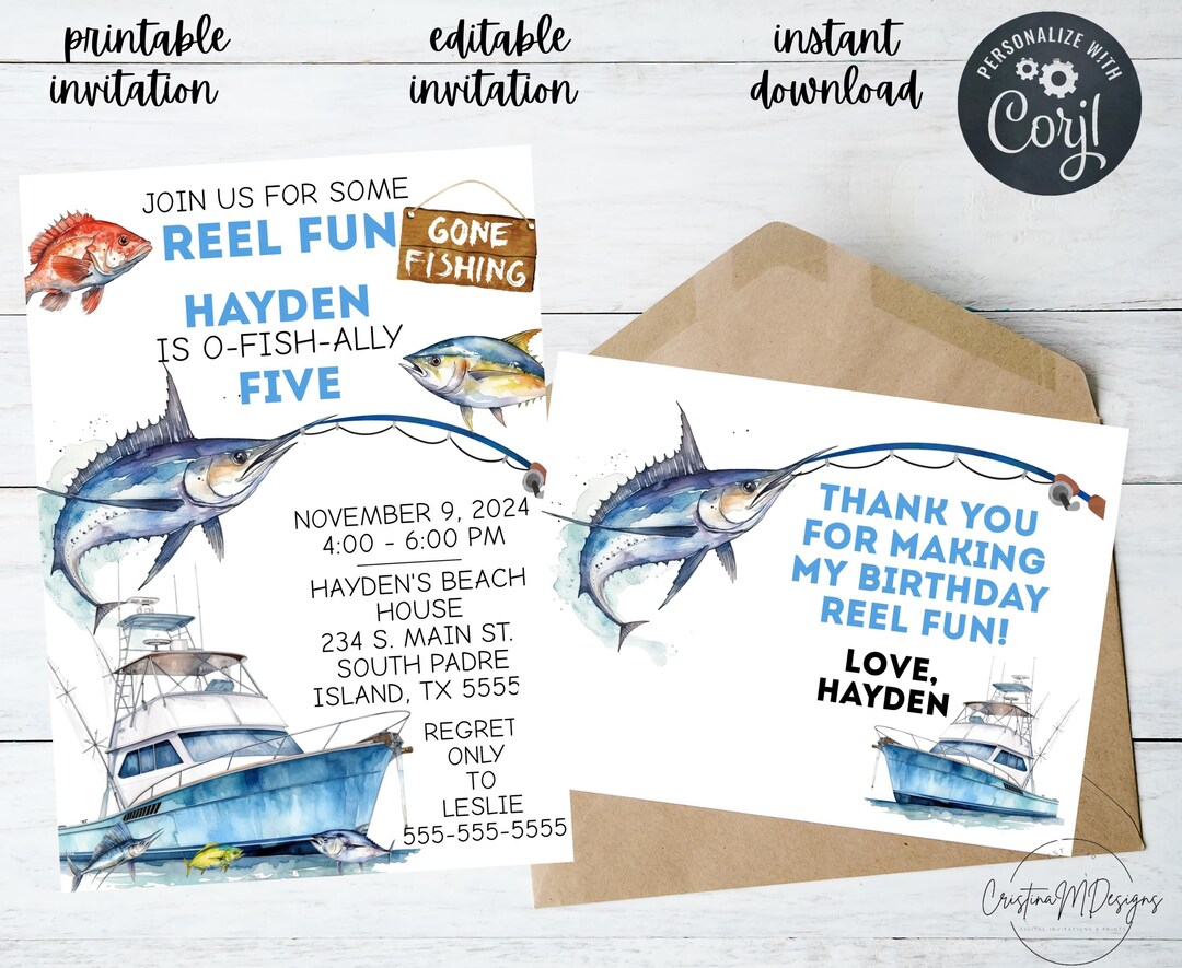 Deep Sea Fishing Birthday Bundle Invitation + Thank You,marlin Birthday ...