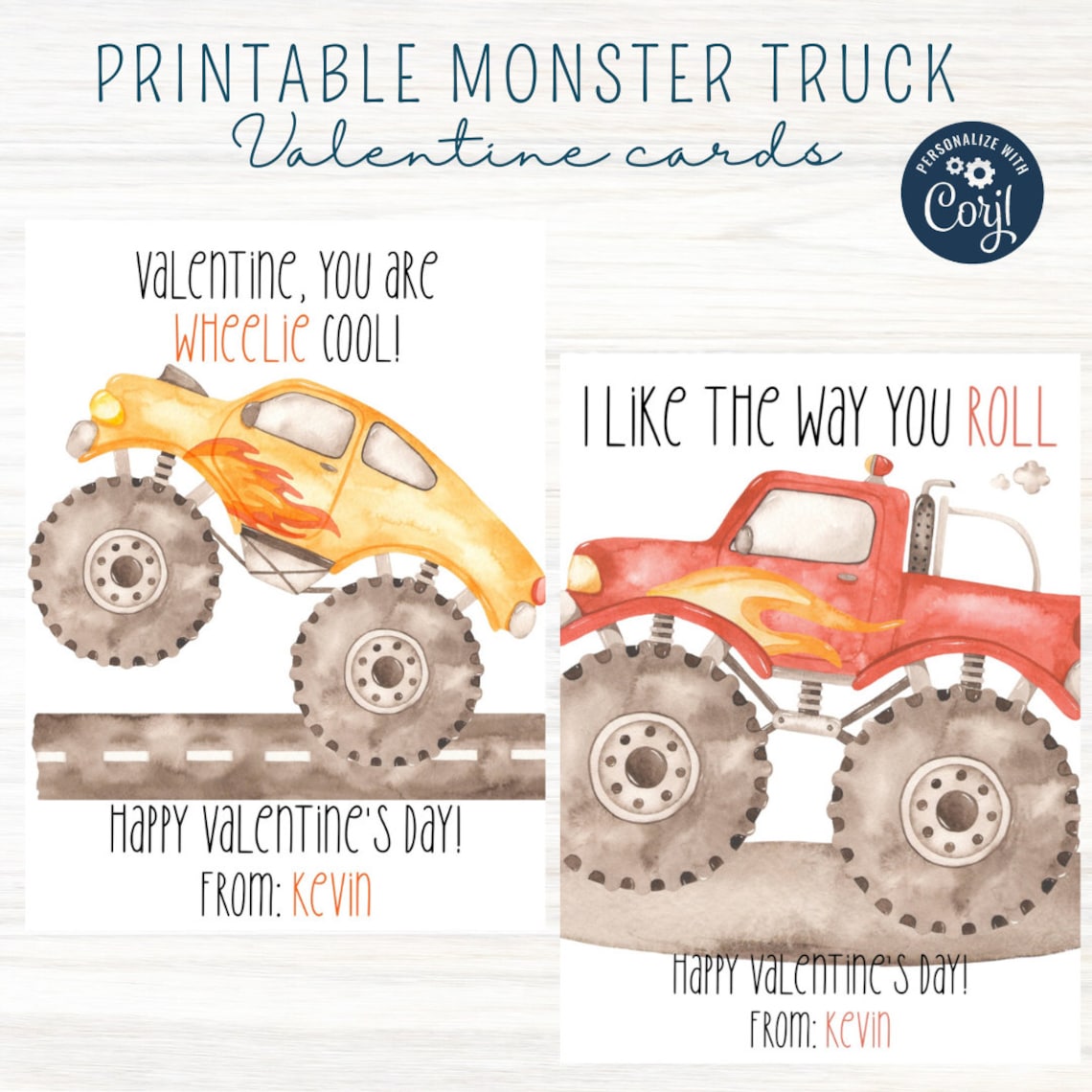 Editable Monster Truck Valentine Cards,boy Valentines,kids Valentine ...