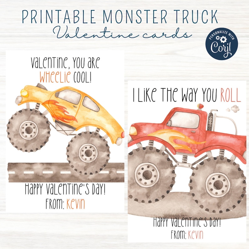 Printable Monster Truck Valentine Cards,boy Valentines,corjl,instant ...