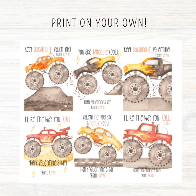 Editable Monster Truck Valentine Cards,boy Valentines,kids Valentine ...