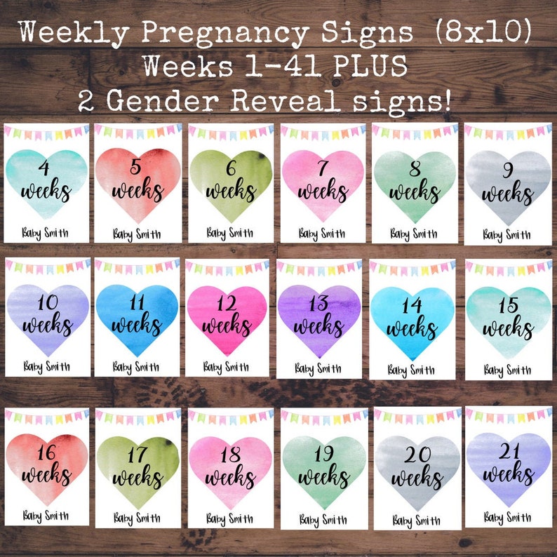 10x8 Weekly Colored Hearts Pregnancy Signs-weeks 4-41,pregnancy ...
