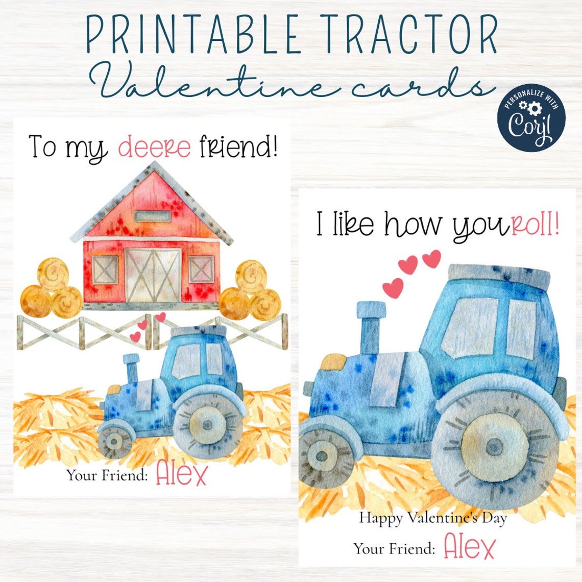 Editable Valentine Cards,blue Tractor Valentines,kids Valentine Cards ...