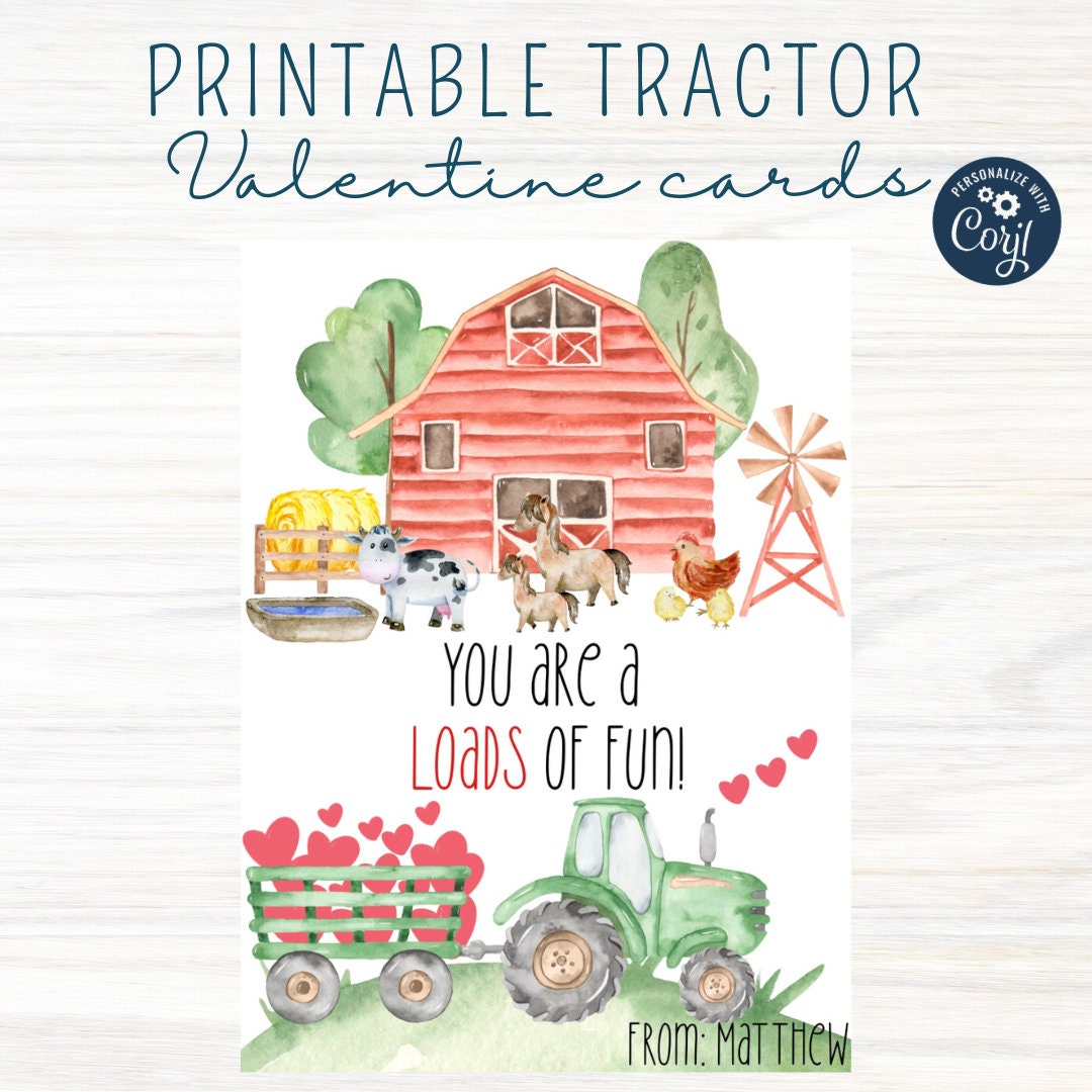 Editable Farm Valentine Cards,tractor Valentines,kids Valentine Cards ...
