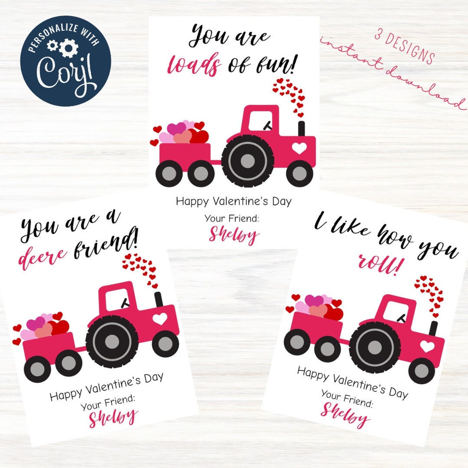 Editable Valentine Cards,pink Tractor Valentines,kids Valentine Cards ...