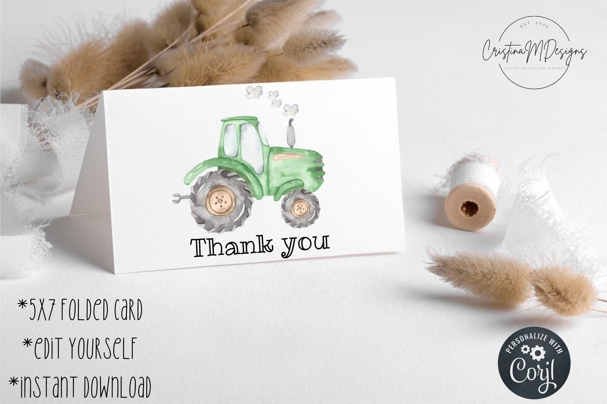 Editable Folded Tractor Thank You Card,green Tractor Thank You,farm ...