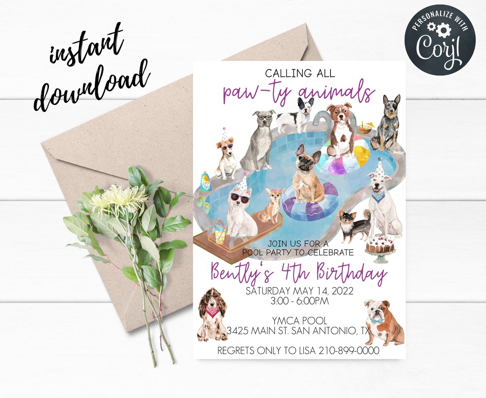 Dog Pool Party Invitation,editable Dog Birthday Invitation,birthday ...