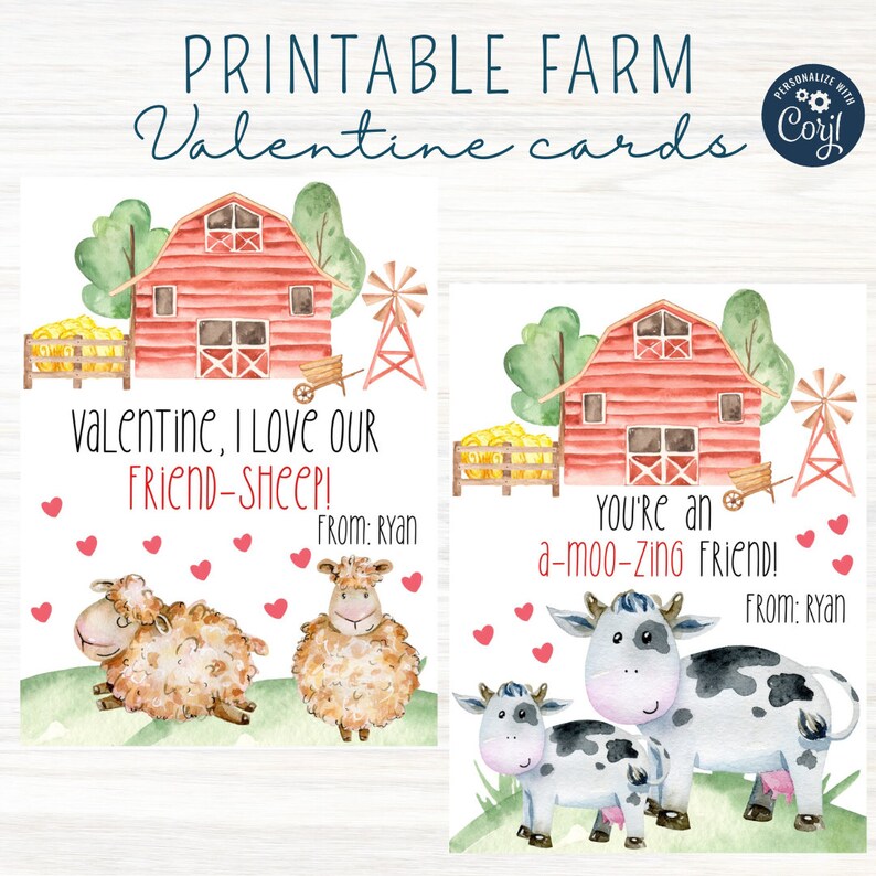 Farm Animals Valentine Cards,barnyard Valentines,kids Valentine Cards ...