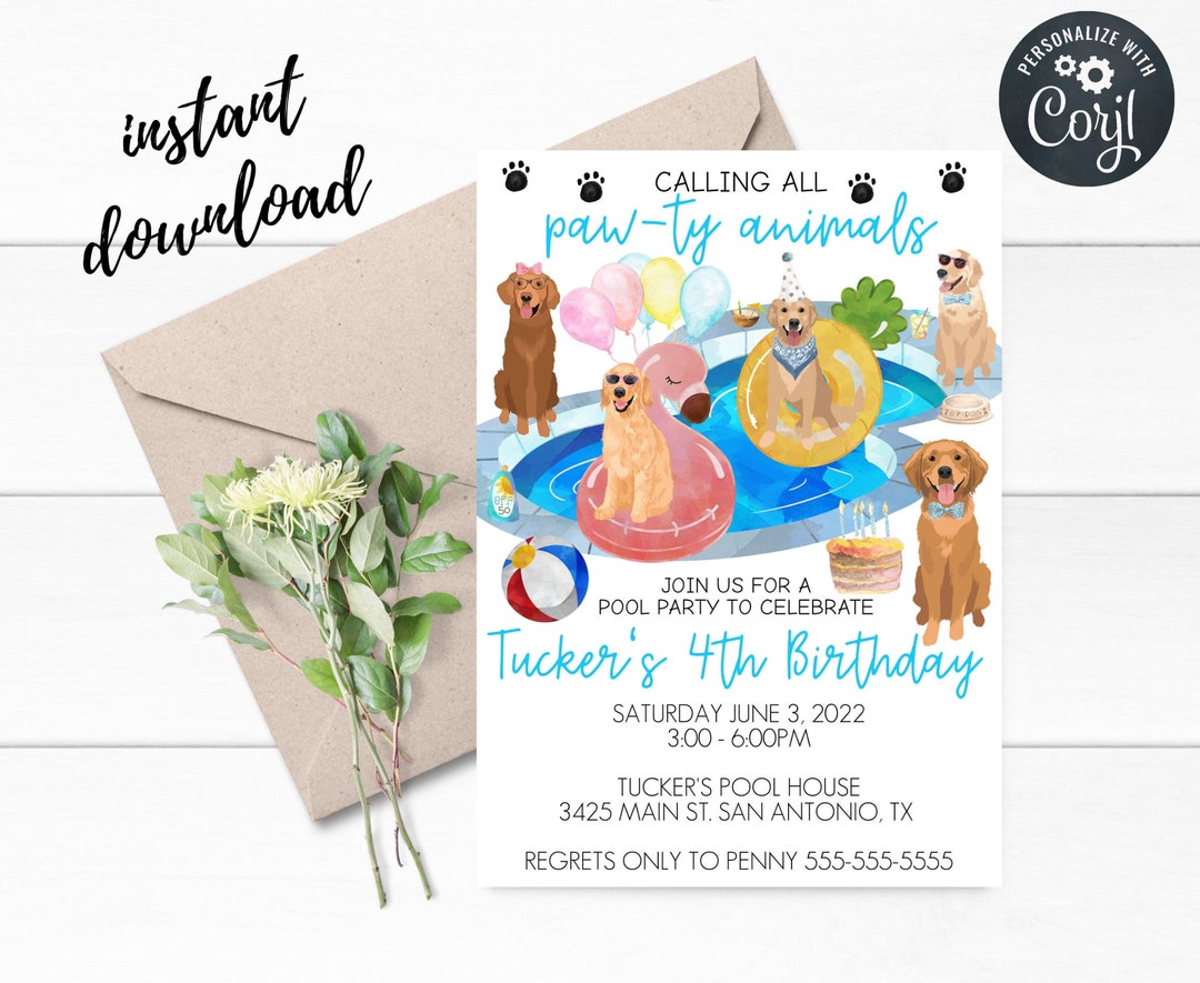 Golden Retriever Pool Party Birthday Invitation (editable Digital ...