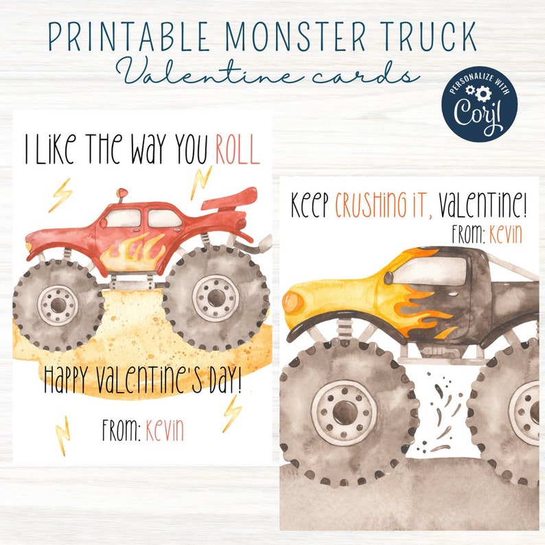 Editable Monster Truck Valentine Cards,boy Valentines,kids Valentine ...