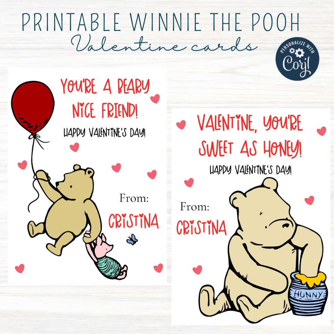 Editable Classic Winnie the Pooh Valentine Cards,pooh Valentines,kids Valentine Cards,school ...