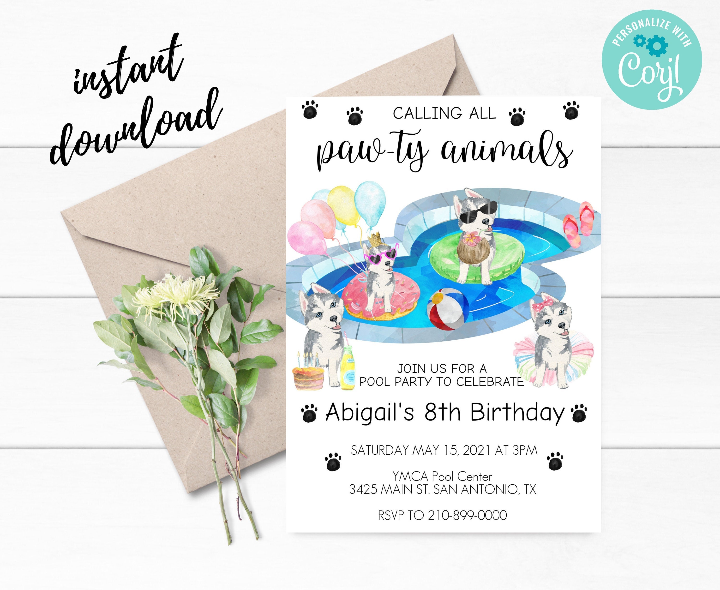 Huskies Pawty Animals Pool Party,editable Dog Birthday Invitation ...
