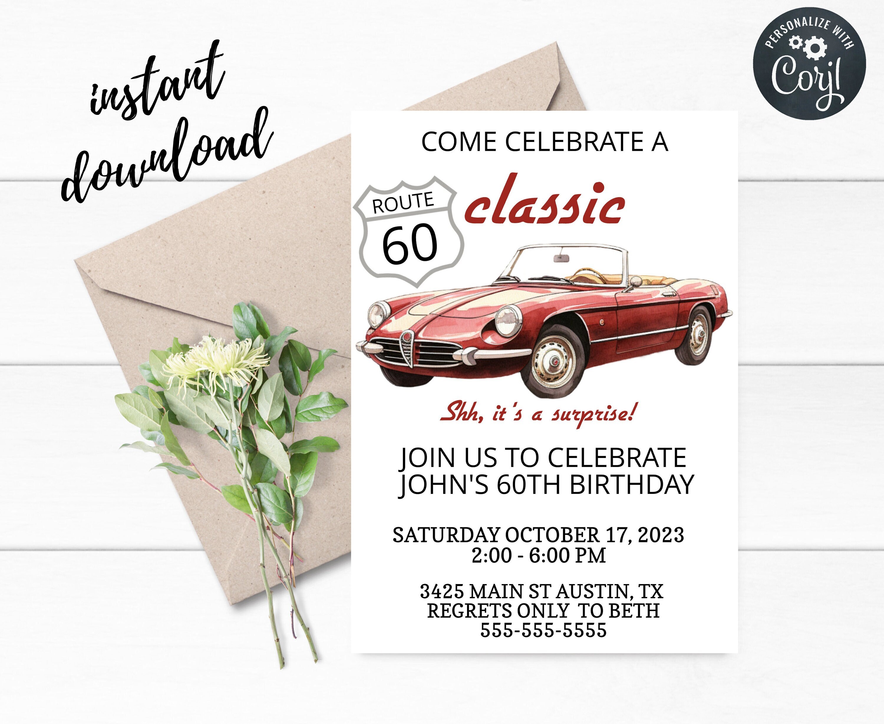 Classic Car Birthday Invitation,50th 60th 70th Birthday,celebrate a ...