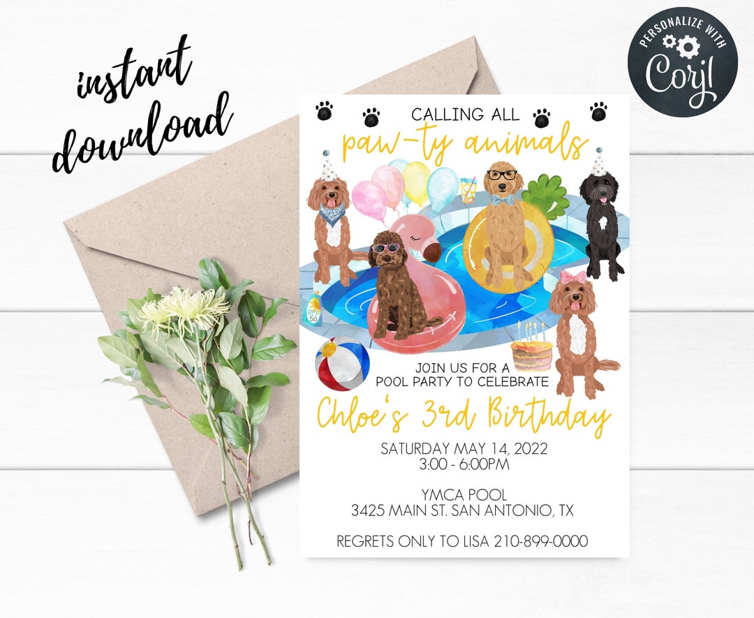 Doodle Dog Pool Party Invitation, Editable Birthday Invite (instant ...