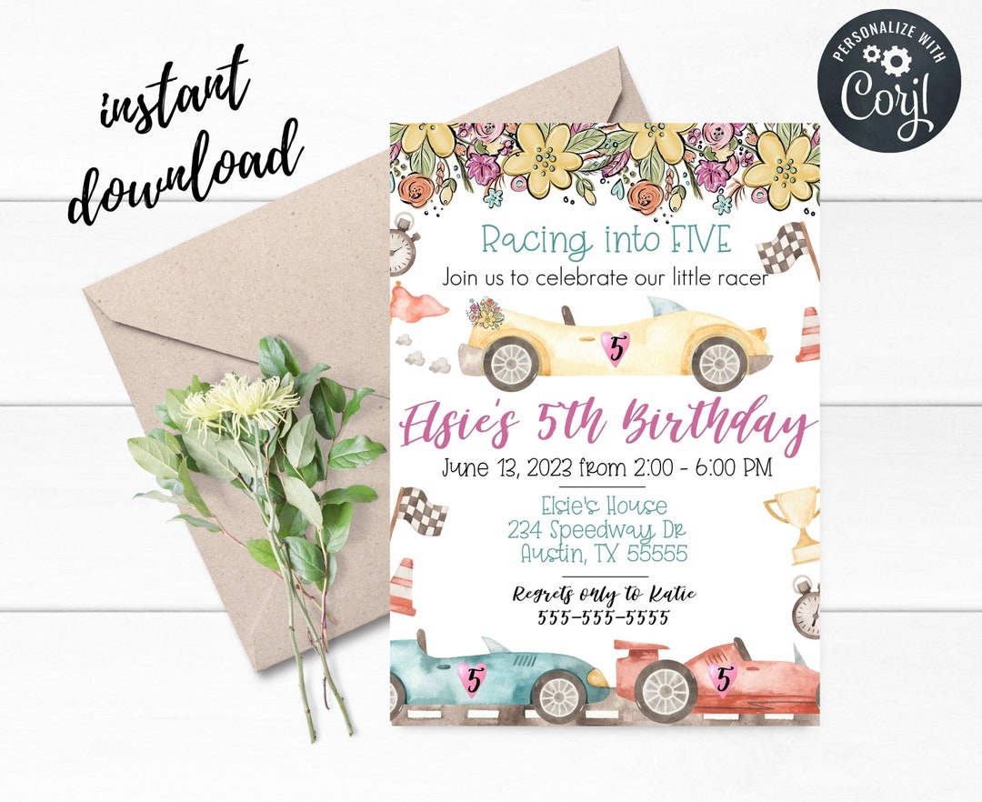 Editable Girly Race Car Birthday Invitationrace Car 5th - Etsy