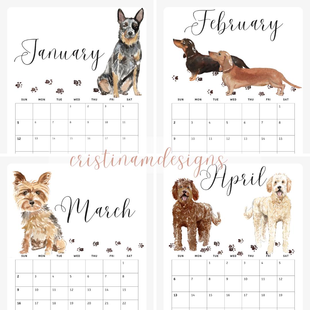 Printable Dog 2025 Calendar,dog Calendar,watercolor Dog Calendar,wall ...
