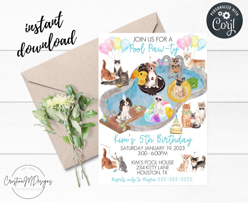 Cat Pool Party Invitation,cat Pool Party,birthday Invitation,cat Party ...