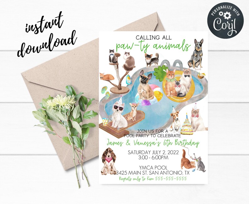 Dogs and Cats Pool Party Invitation,editable Birthday Invitation ...