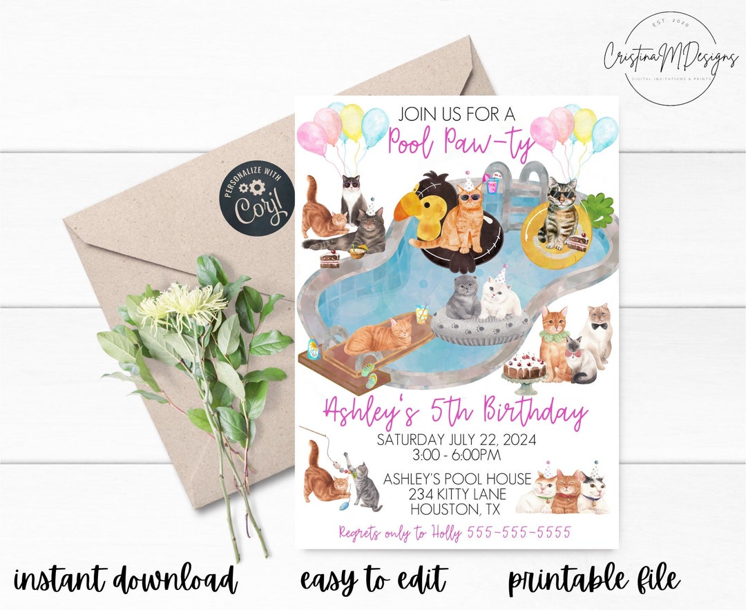 Cat Pool Party Invitation,cat Pool Party,birthday Invitation,cat Party ...
