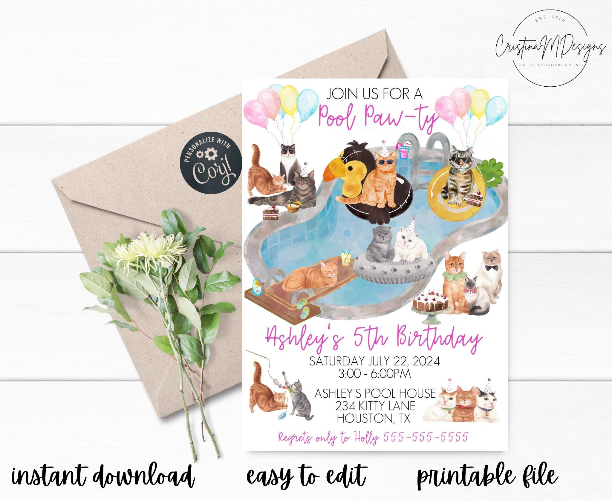 Cat Pool Party Invitation,cat Pool Party,birthday Invitation,cat Party ...