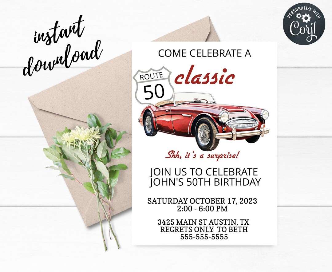 Classic Car Birthday Invitation,50th Birthday,celebrate a Classic ...